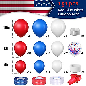 Red White Blue Balloons Garland Arch Kit, 141pcs Latex Balloons with Confetti Balloons for 4th of July Memorial Day Patriotic Nautical Baseball Birthday Party Decorations