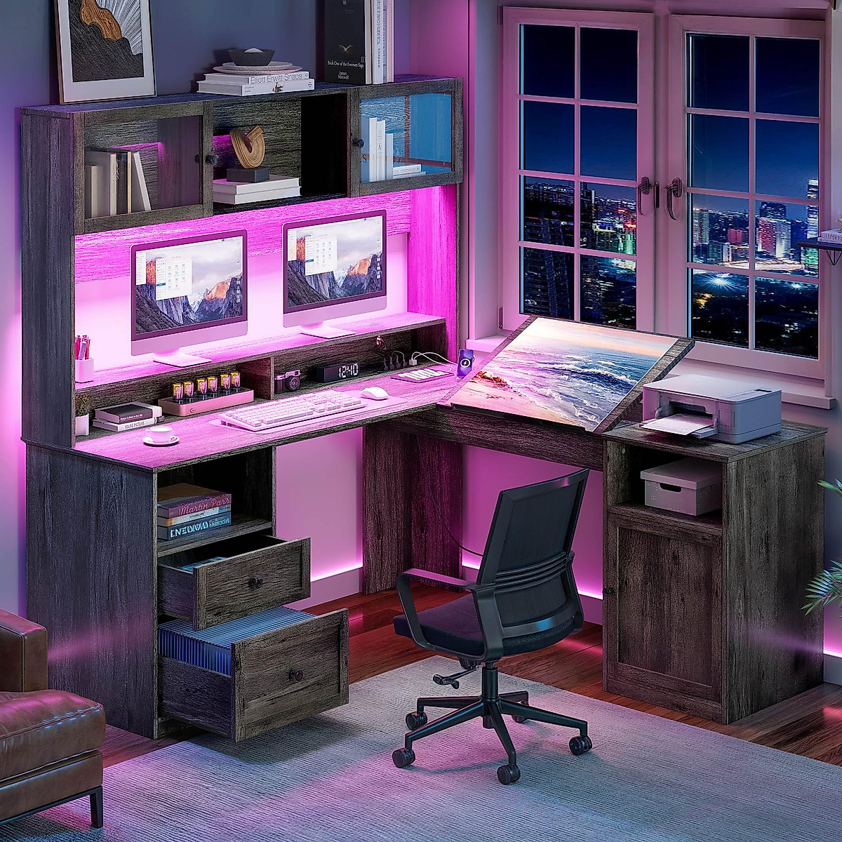 YITAHOME L Shaped Desk with Drawers & Hutch, 61" Computer Desk with Power Outlets & LED Lights, Corner Office Desk with Storage Cabinet, Drafting Table, Wood Desk, Grey