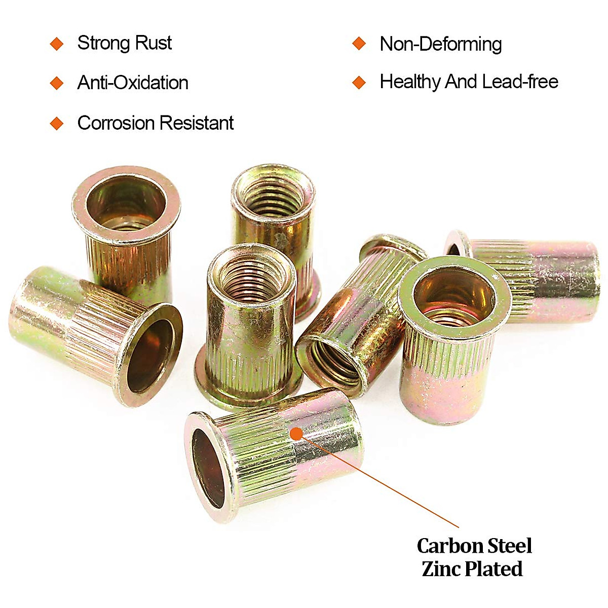 Rustark 50-Pcs 1/2''-13UNC Mixed Zinc Plated Carbon Steel Rivet Nut Flat Head Insert Nutsert Assortment Kit