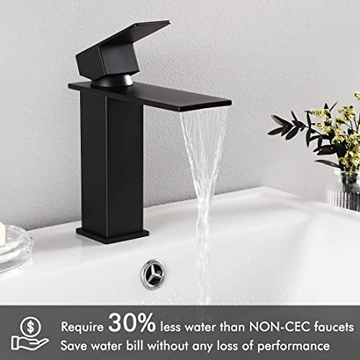 KES Bathroom Sink Faucet Single Hole, Black Bathroom Faucet Waterfall Faucet with Supply Lines for Bathroom Sink, SUS304 Stainless Steel, L3158ALF-BK