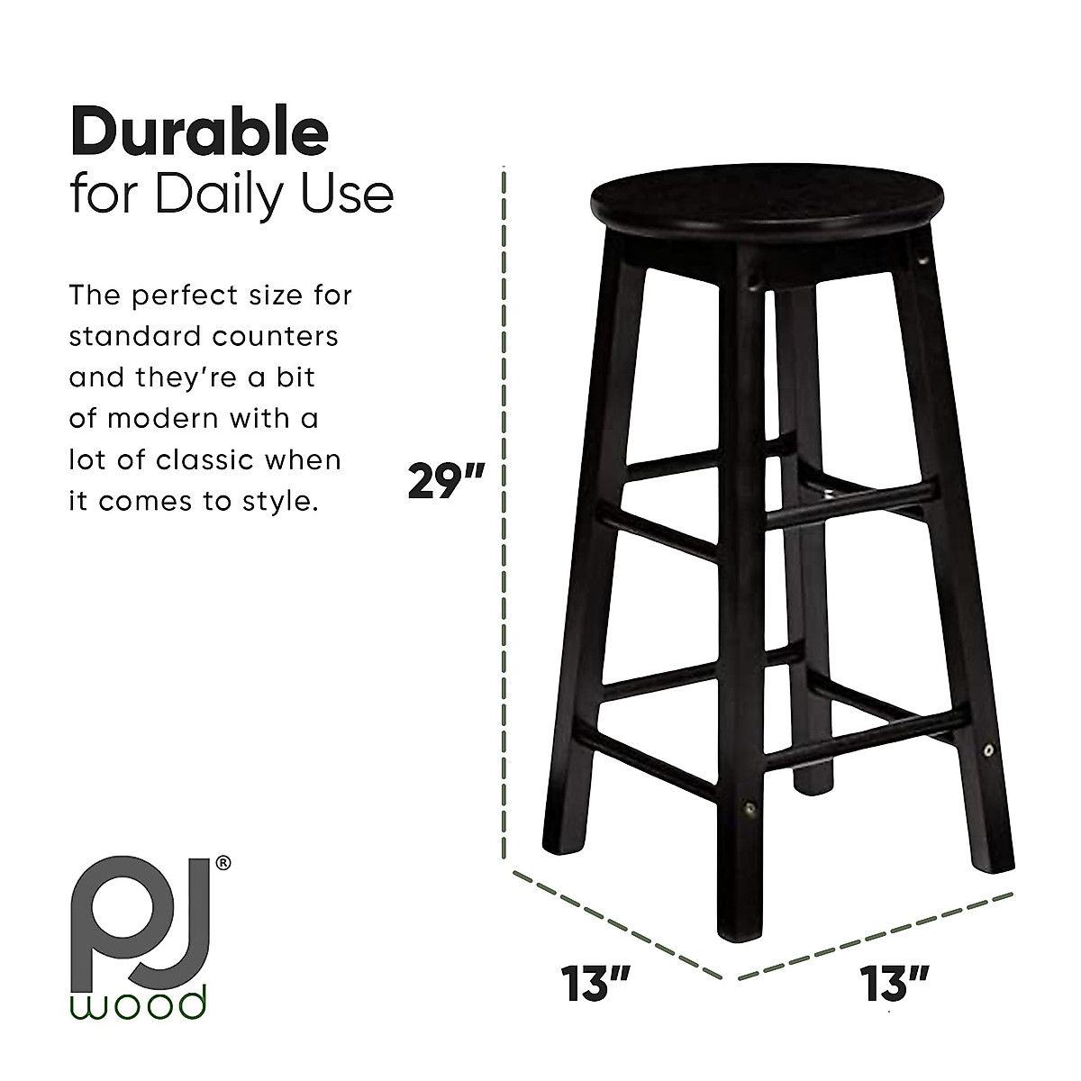 PJ Wood Classic Round Seat 29 Inch Tall Kitchen Counter Bar Stools with 4 Square Legs for Homes, Dining Spaces, and Bars, Black (2 Pack)