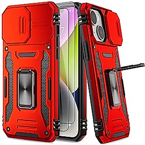 AUPAI iPhone 14 Plus Case with Camera Cover,iPhone 14 Plus Cover with Screen Protector Heavy Duty Military Grade Protective Phone Case with Kickstand for Apple iPhone 14 Plus Red