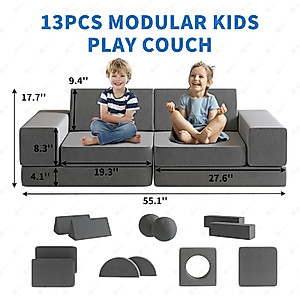 Kids Couch, 12PCS Toddler Couch with 2 Balls and Tunnel, Modular Kids Couch for Playroom, Kids Play Couch for Kickball Game, 30+ Creative Gameplay Couch for Kids (Darkgray)