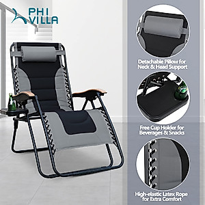PHI VILLA XL Oversize Zero Gravity Chair Padded Recliner Oversize Lounge Chair with Free Cup Holder,Support 350 LBS (Grey)