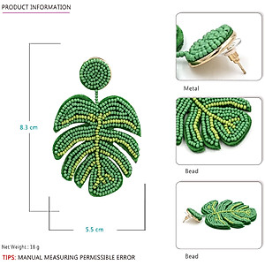 Multi-style Palm Leaf Earrings Handmade Bohemia Tree Seed Bead Braided Beaded Plant Leaves Statement Resin Drop Dangle Earring Jewelry for Women Teens-green