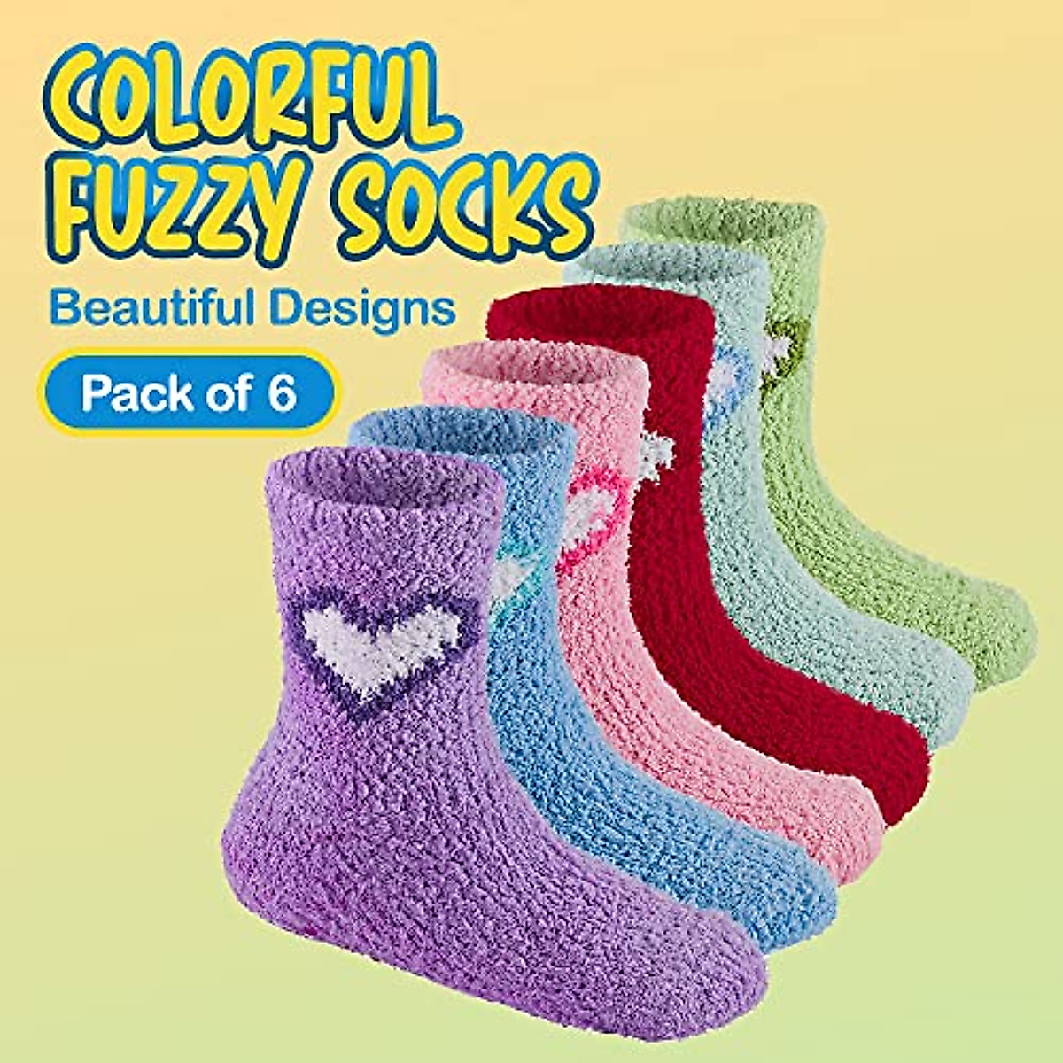 Debra Weitzner 6 Pairs Warm Fuzzy Socks for Kids with Grippers - Non Skid Slipper Socks for Toddlers - Solid Hearts 4-6 Yr