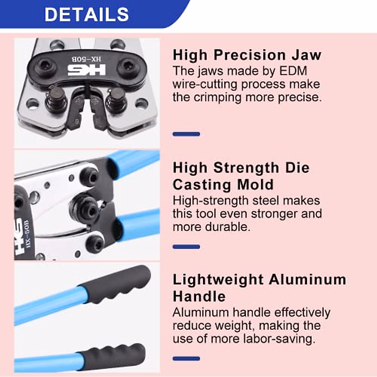 HKS Battery Cable Crimping Tool for AWG 10-1 Copper Ring Terminals, Heavy Duty Crimper for Wire Lugs