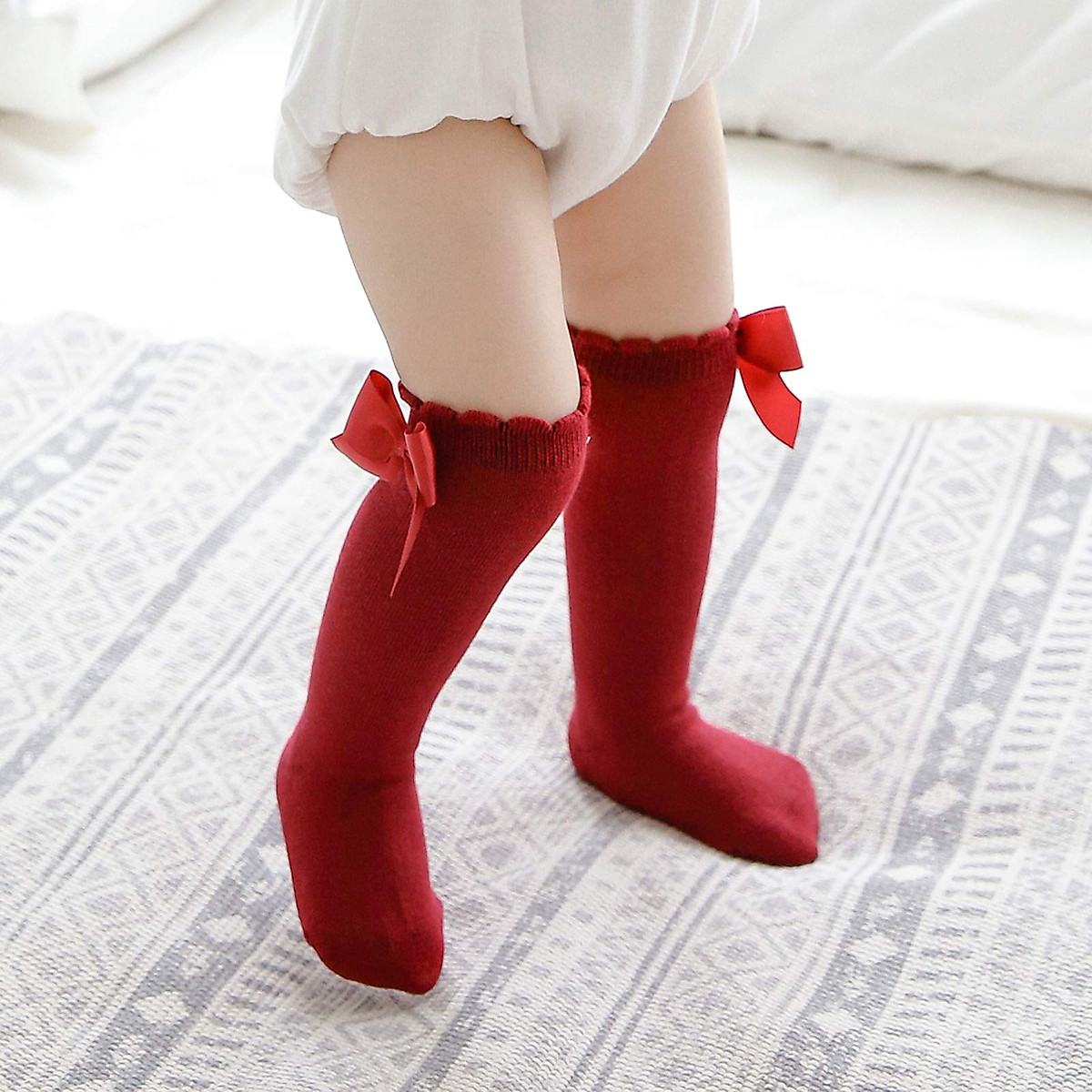 Yeshore Baby Girls Knee High Socks Bow Tube Ruffled Knit Cotton Long Stockings for Infants and Toddlers 5 Pairs (as1, age, 0_month, 12_months, White,Black,Grey,Wine Red,Pink)