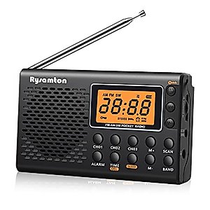 Rysamton Portable AM/FM/Shortwave Radio, Batteries Operated Pocket Radios, Large Digital Display, Clock Radio with Alarm and Sleep Function, Earphone Included