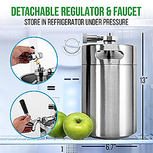 NutriChef Pressurized Growler Tap System, 128oz Double-Walled Stainless Steel Mini Keg Dispenser Portable Kegerator Kit, Co2 Pressure Regulator Keeps Carbonation for Craft Beer, Draft and Homebrew