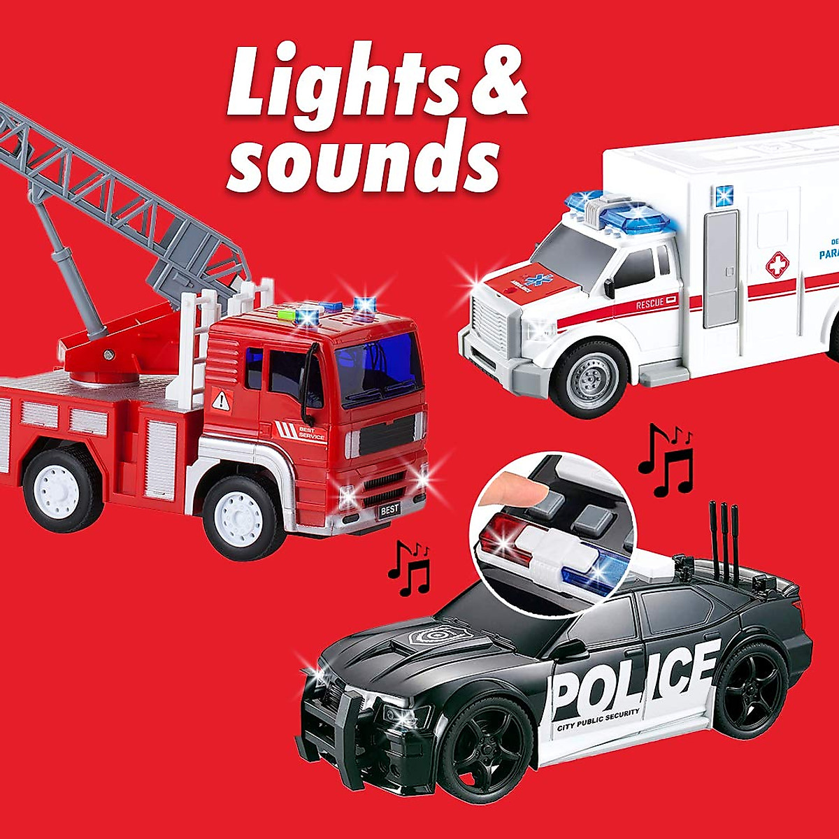 Dazmers Friction Powered City Hero Play Set Including Fire Engine Truck, Ambulance, Police Car for Kids, Boys and Girls - 3-Pack Emergency Vehicles with Light and Sound
