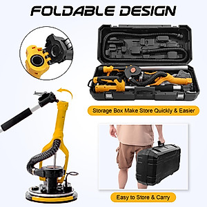 Gyfent Drywall Sander, 880W 7.3-Amp Popcorn Ceiling Removal Tool with 1100-2100RPM 5 Variable Speed 12pcs Sanding Discs Electric Drywall Sander with Vacuum Dust Collector LED Light for Ceiling Sanding