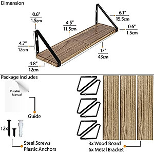Wallniture Ponza Floating Shelves for Wall, Laundry Room and Bathroom Storage Shelf Unit Set of 3, Natural Burned Rustic Wood Wall Decor with Metal Floating Shelf Bracket