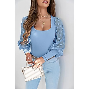 miduo Womens Knit Tops Fashion 2022 Spring Square Neck Swiss Dots Long Puff Gigot Sleeve Ribbed Shirts Tops Sweater Blouses Blue Medium