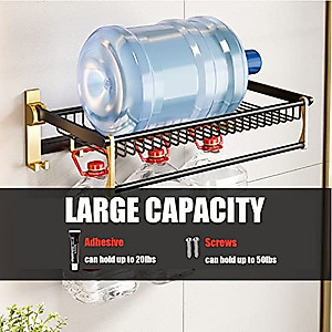 24HOCL 24 Inch Foldable Towel Rack Wall Mounted with Towel Bar/Basket, Bath Towel Shelf with Movable 7 Hooks for Bathroom Hotel Lavatory (Black+Gold)