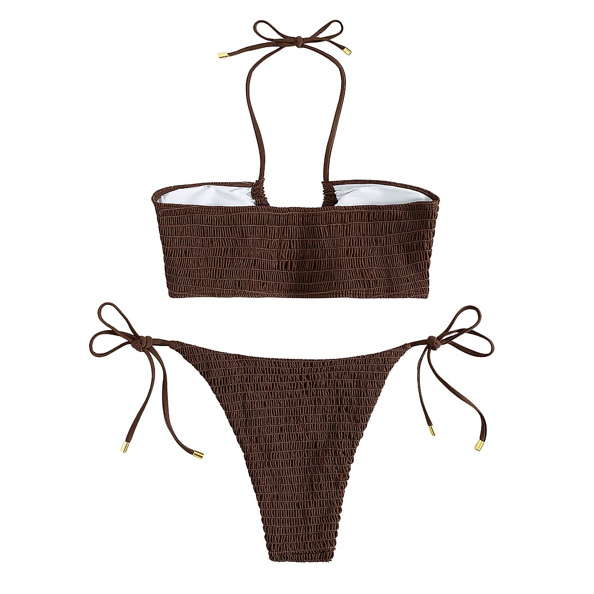 SweatyRocks Women's 2 Piece Bathing Suit Ribbed Tie Side Halter Bikini Swimsuit Coffee Brown XS