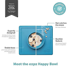 ezpz Happy Bowl - 24 Months + (Blue) - 100% Silicone Suction Bowl with Built-in Placemat – Dishwasher Safe