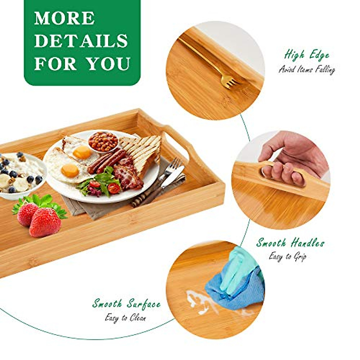 3 Pack Bamboo Serving Tray with Handles, Food Trays for Coffee Breakfast Dinner Tea, Rectangular Wooden Decor Tray Used in Kitchen, Dining Room, Party, Restaurants (Natural)
