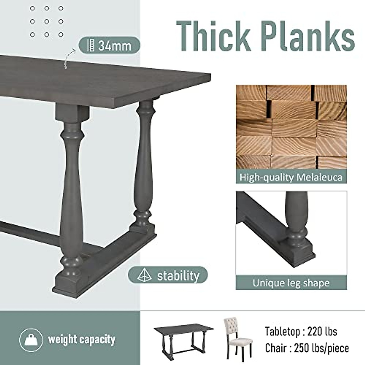 KLMM Retro Dining Room Set, 6-Piece Kitchen Dining Table Set with Special-Shaped Legs and Foam-Covered Seat Backs&Cushions,6-Person Configuration for Family Use (Gray+Retro3)