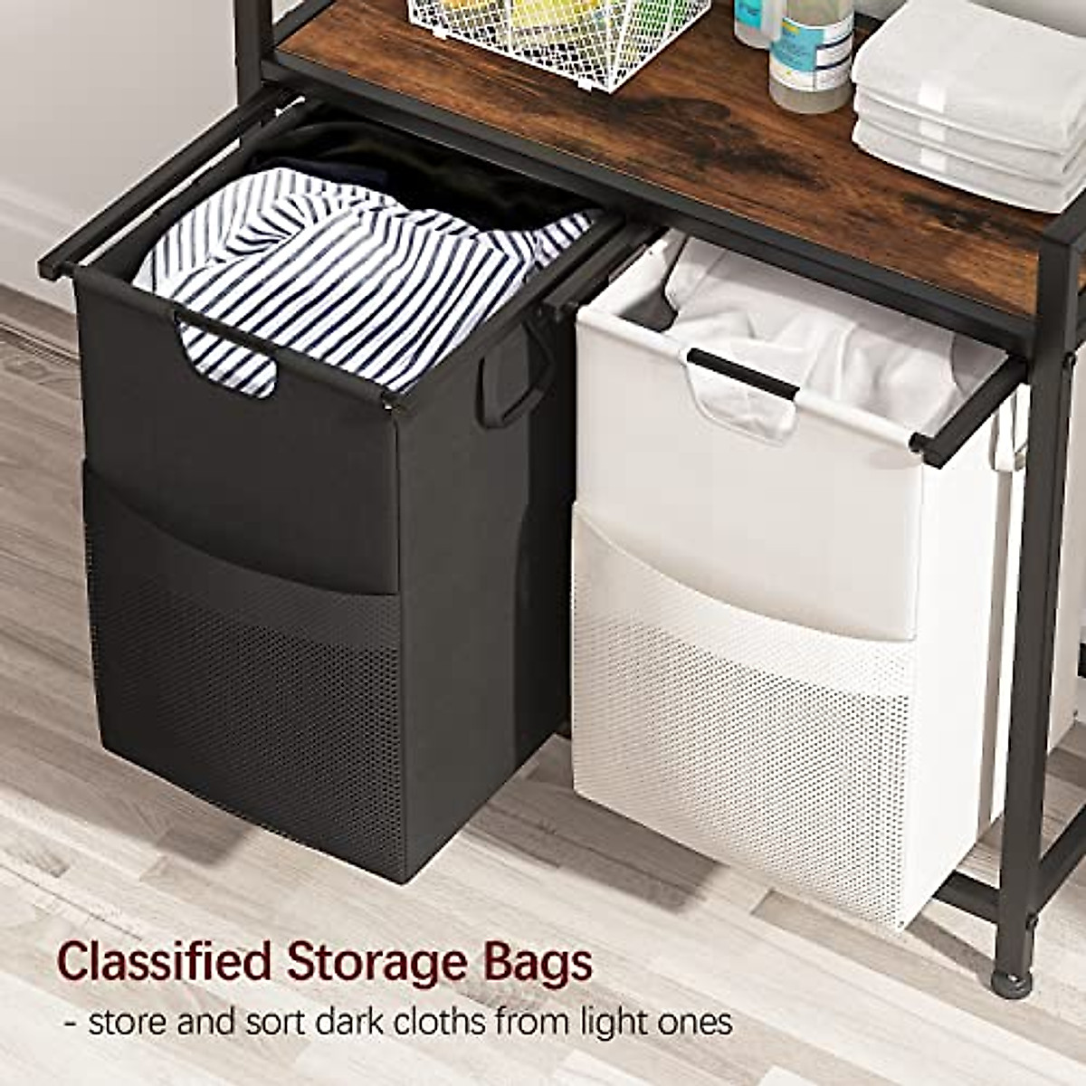 Lulive Double Laundry Hamper, Multifunctional Basket Organizer, 112L Laundry Sorter with Removable Bags and Fabric Handles, Large Top Shelf Laundry Bag for Bathroom, Dorm, Laundry Room