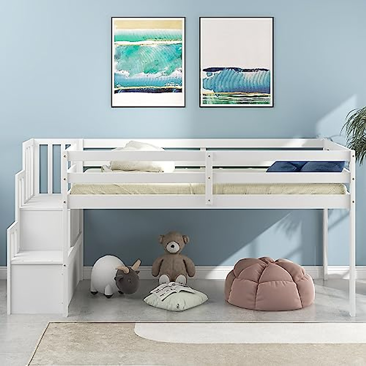 HABUHOME Low Loft Bed with Staircase,Twin Size Kids Loft Bed with Step Storage,Wood Loft Bed Frame Twin with Safety Guardrails for Girls, Boys,White