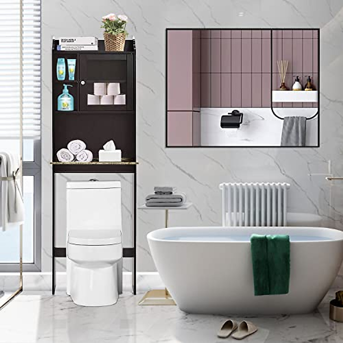 Henf Over The Toilet Storage Bathroom SpaceSaver Bathroom Storage Cabinet with Door and Adjustable Shelf Over Toilet Bathroom Organizer (Espresso)