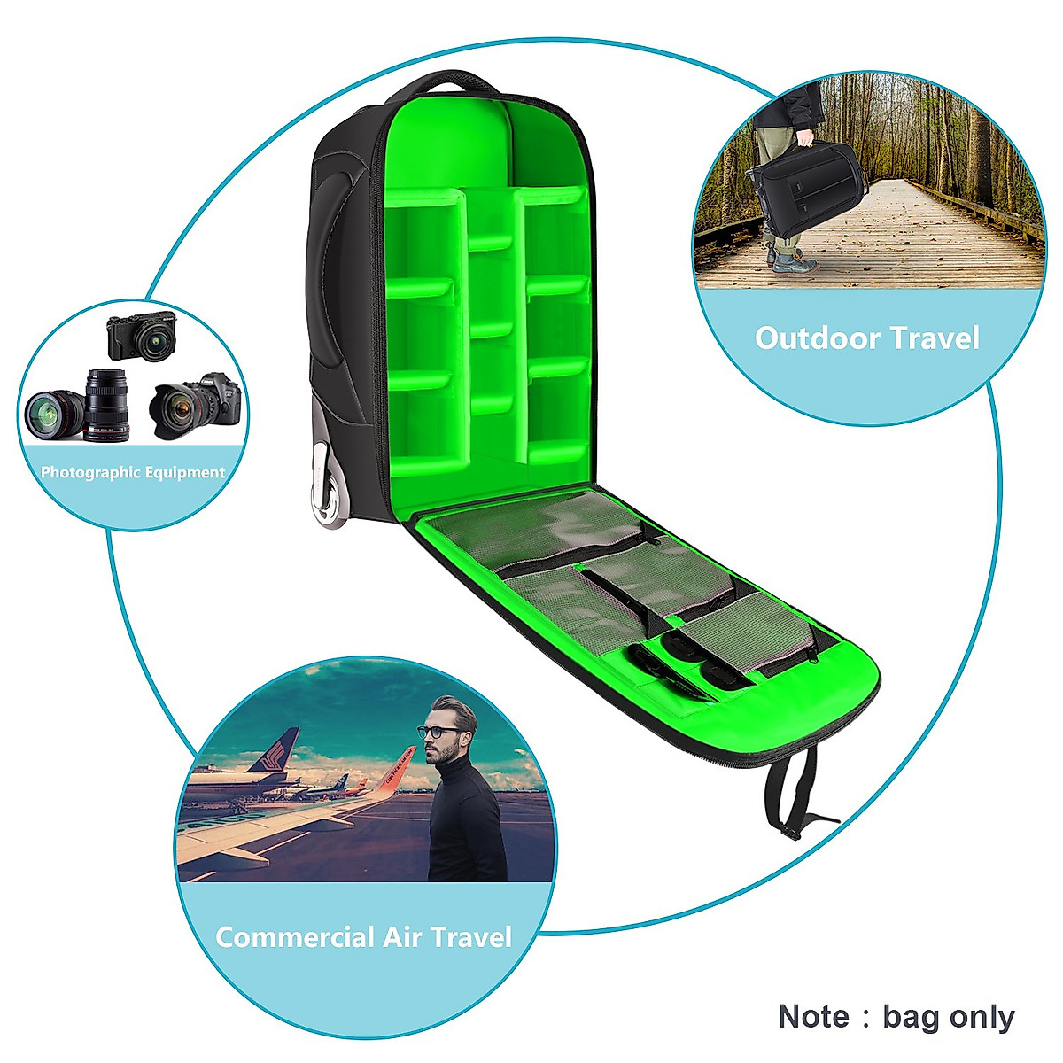 Neewer 2-in-1 Convertible Wheeled Camera Backpack Luggage Trolley Case with Double Bar, Anti-Shock Detachable Padded Compartment for SLR/DSLR Cameras, Tripod, Lens and Other Accessories (Black/Green)