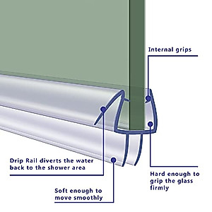 2-Pack Tarpuglider Shower Door Bottom Seal with Internal Grips and Sweep Strip - Frameless Glass Shower Door Seal Strip with Adjustable Length -Stop Shower Leaks -Clear Vinyl (3/8” (9-10 mm) x 39")