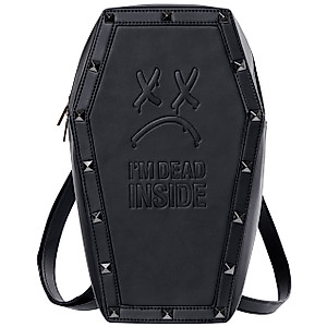 Moody Monday ‘I’m Dead Inside’ Studded Coffin Backpack - Embossed Premium Vegan Leather Black Book Bag - Adjustable Straps with Zip Closure - Goth & Gothic Accessories - Grunge Emo Punk Rock Clothing