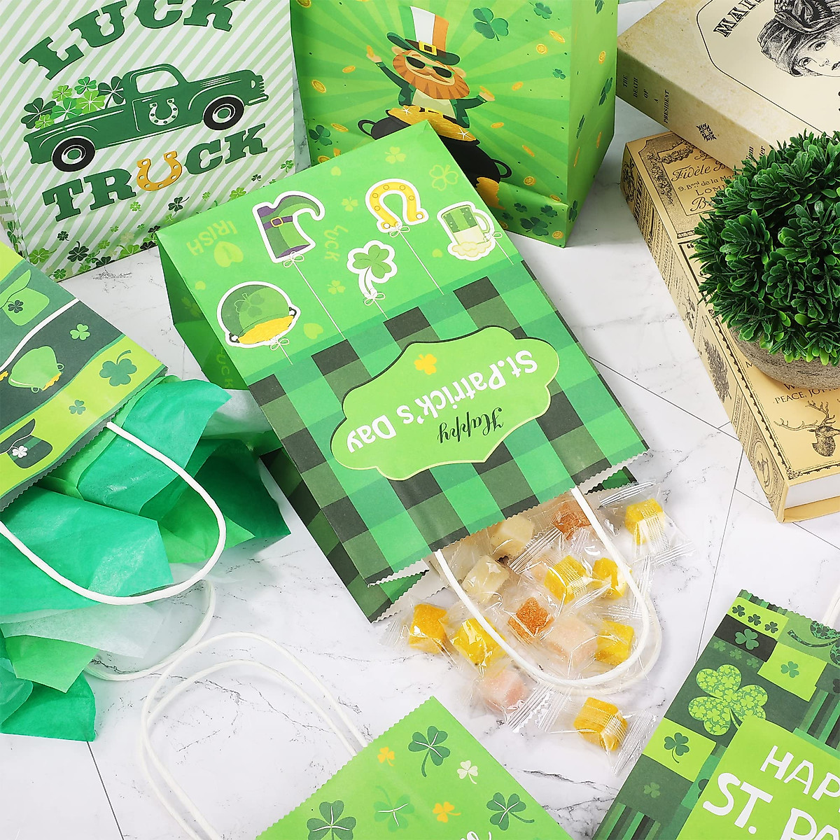 MIMIND 24 Pack St. Patrick's Day Gift Bags with 24 Sheets Tissue Paper Irish Green Clover Goodie Treat Bags with Handle Shamrock Theme Party Favor Bags for St. Patrick's Day Party Supplies, 8 Designs