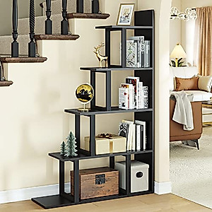 YITAHOME 5-Shelf Bookshelf, L-Shape Freestanding Ladder Corner Bookcase, Modern Minimalist Style Multipurpose Storage Display Rack for Living Room Bedroom Hallway Office, Black