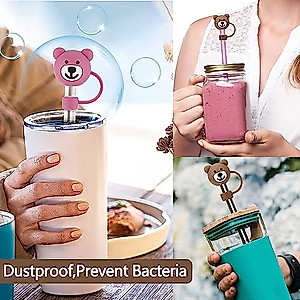 4pcs Straw Covers Cap for Stanley Cup, Cute Bear Silicone Straw Tip Covers for Stanley 30 & 40 Oz Tumbler with Handle (Bear)