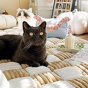 Cream-Coloured Large Plaid Square Pet Mat Bed Couch Cover, Cosy Plush Couch Cover Non Slip Floral for Pets Dogs Bed (Style-2, 27.6x70.9 in)