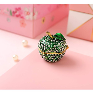 Furuida Green Lucky Apple Trinket Boxes Hinged Hand-painted Little Jewelry Box Ornaments Craft Gift for Women Girls