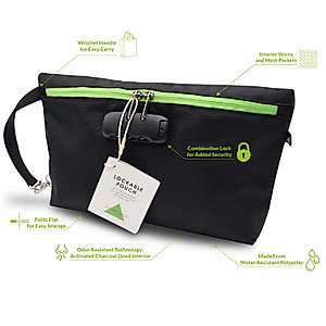 Polyester Zippered Pouch Bag with Lock Combination, Water Repellent Pouch with Wristlet Handle and Interior Mesh Pockets, 12.8x2.3x7.68