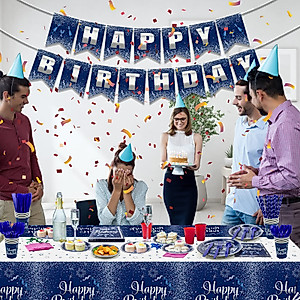 Navy Blue and Silver Birthday Supplies, Blue Birthday Party Decorations for Men, Women, Includes Happy Birthday Banner, Tablecloth, Plates, Napkins, Cups and Straws, Serves 20 Guest