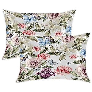 Flower Rose Butterfly Pattern Satin Pillow Cases Silk Satin Pillowcase for Hair and Skin Standard Set of 2 Super Soft Silk Pillowcase with Envelope Closure (20x26 in)