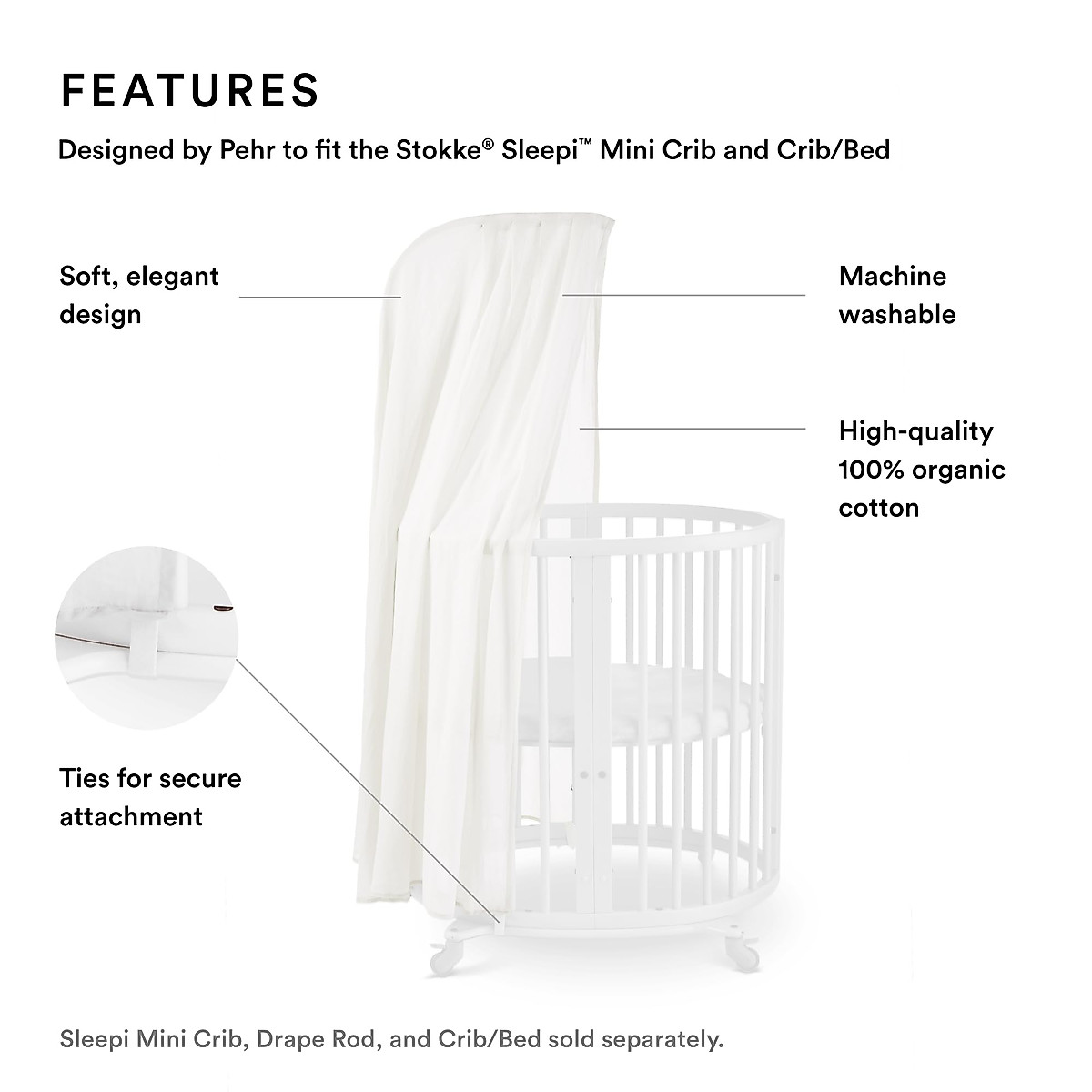 Stokke Sleepi Canopy by Pehr, Natural - for Sleepi Mini & Crib/Bed (Sold Separately) - Washable Soft Organic Cotton