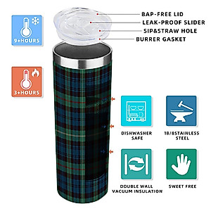 silichee 20 Oz Insulated Tumblers Stainless Steel Cup with Lid Tartan Pattern Background Blue Black Green Red Gold Plaid Flannel Shirt Tumblers Vacuum Coffee Mugs for Cold Hot Drinks for Home