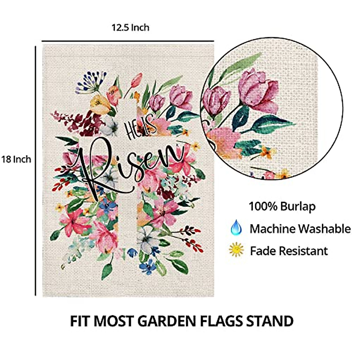 Easter Religious Cross Garden Flag 12x18 Inch Double Sided He is Risen with Flower,Small Seasonal Yard Flag for Farmhouse Holiday Outdoor Outside Decor