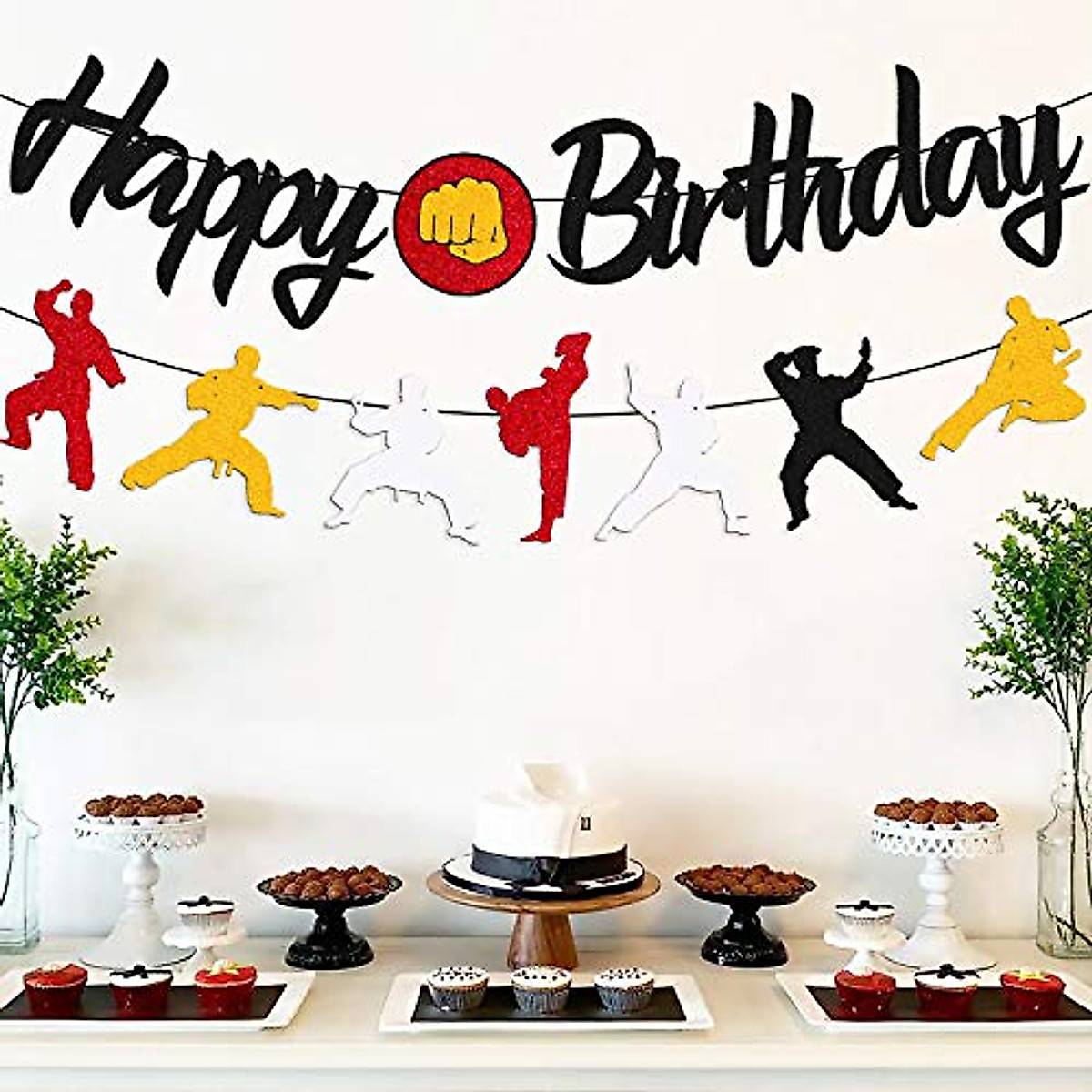 Karate Birthday Banner Taekwondo Themed Happy Birthday Decorations for Men Women Kids Boy Girl Bday Party Decorations Black Glitter Supplies