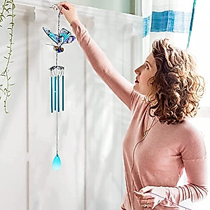 Butterfly Wind Chimes, AVEKI 27.5''H Iron Stained Glass Butterfly Wind Chimes Gifts for Mom Outdoor/Indoor Wind Chimes for Home, Garden, Window, Yard, Patio, Lawn Decoration (Blue)