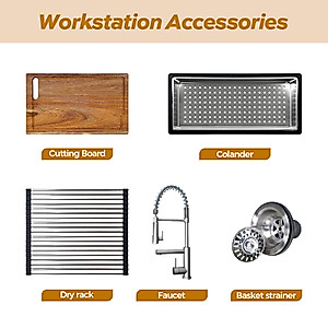 TECASA Workstation Kitchen Undermount Sink, 33 inch Drop-in Sink with Faucet Combo, Dual Mount All-in-One Single Bowl Stainless Steel Sink with Integrated Ledge and Accessories (Pack of 5)