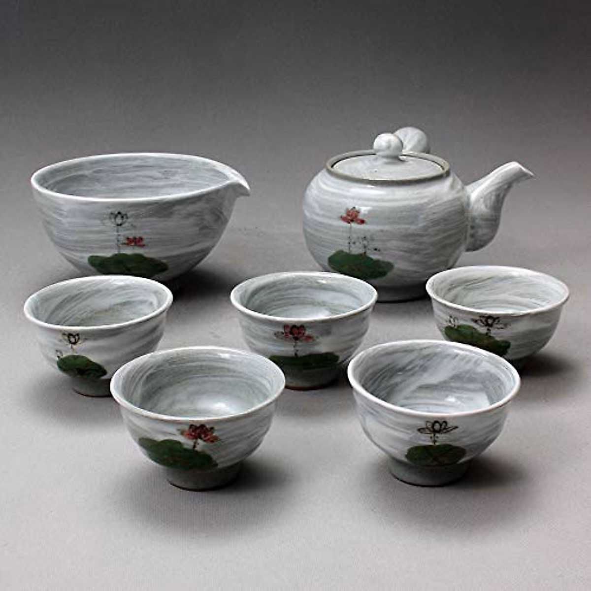 Korean Style Buncheong Porcelain Lotus Flower Tea Ceremony Complete Service Gift Set Ceramic Pottery 11.8 oz (350ml) Side Handle Tea Pot Cups Saucers Teapot Pitcher Bowl for Cooling Hot Water