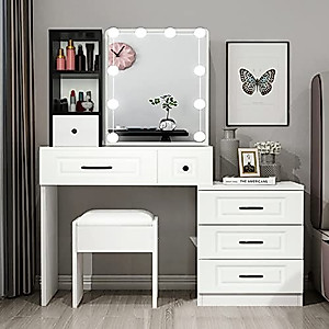 Jinruis Vanity Set Dressing Table with Lighted Makeup Mirror, Modern Vanity Table Desk with Storage Drawers and Stool for Bedroom, White