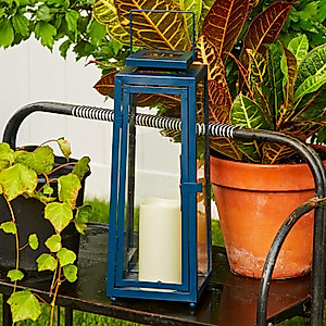 Blue Outdoor Candle Lantern - 15 Inch Tall, Solar Powered, Navy Metal with Glass, Waterproof Flameless Pillar Candles, Dusk to Dawn Timer, Flickering LED Lights, Rustic Farmhouse Patio Decor