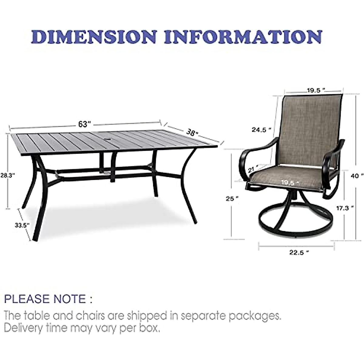 MEOOEM 7 Piece Outdoor Patio Dining Set, 6 High Back Outdoor Swivel Rocker Chairs with Metal Rectangular Table with 1.57" Umbrella Hole