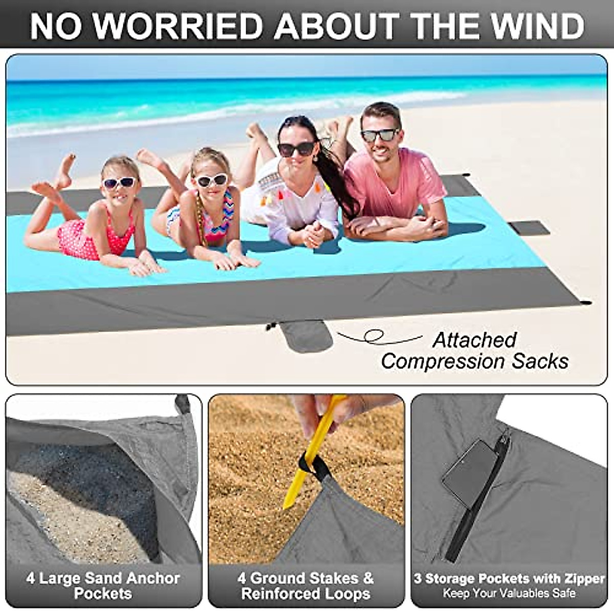 Buheco Beach Blanket Waterproof Sandproof Oversized Beach Mat Sand Free 10x9ft with 4 Stakes and 8 Pockets-Outdoor Extra Large Foldable Lightweight Picnic Blanket for Vacation-Camping-Hiking-Travel