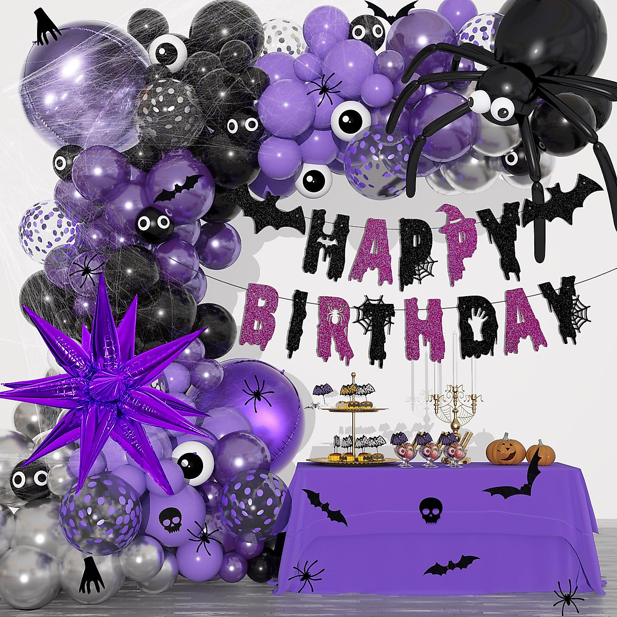 162Pcs Halloween Balloons Arch Garland Kit, Birthday Supplies Purple Black Silver 4D Balloon Spiders Web Bats Happy Birthday Banner for Gothic Halloween Birthday Party Decorations
