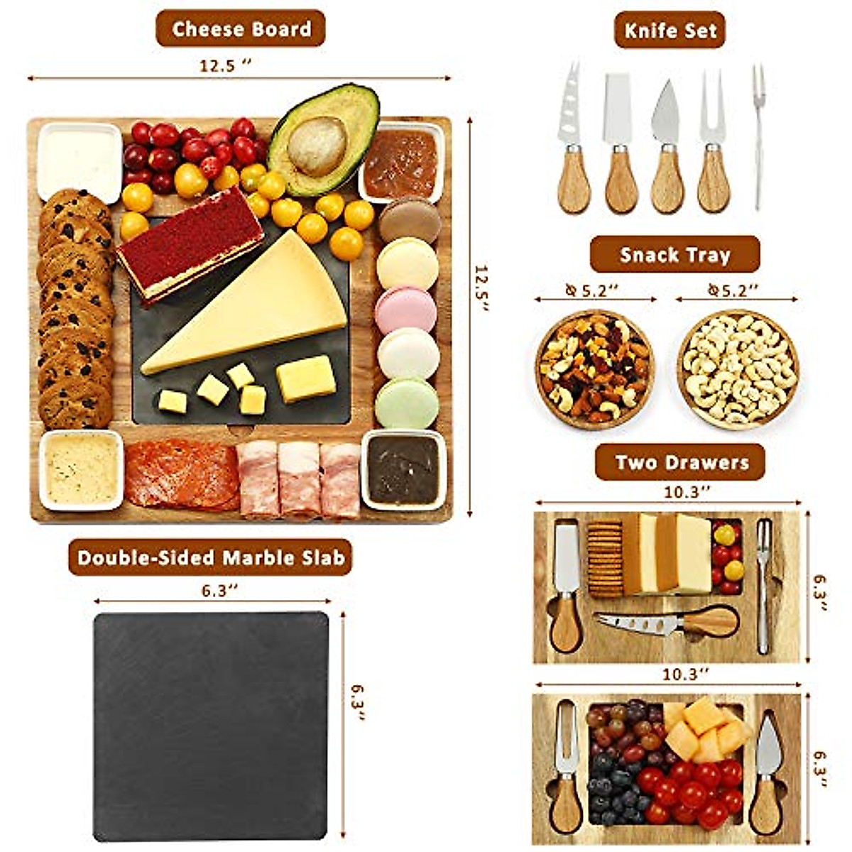Cheese Board Set & Knife Set,Wood Charcuterie Boards,Cheese Tray with Cutlery in Double Slide-Out Drawer,Cheese Plates for Charcuterie,Wine,Crackers, Brie,Meat,Gift for Valentine,Wedding,Housewarming